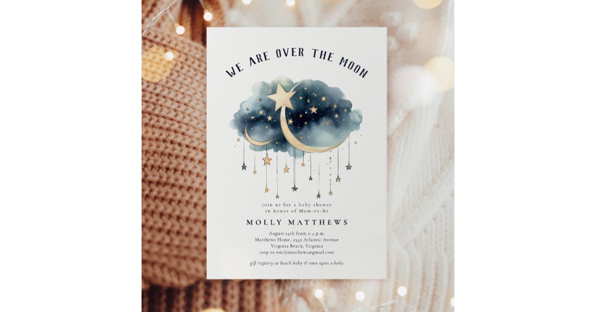 Over the Moon Gold Stars Baby Shower Invitation | Zazzle