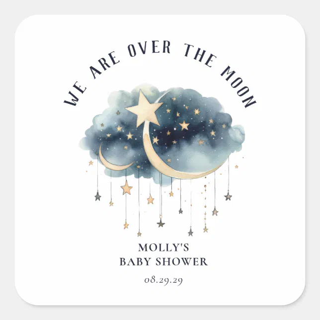 Over the Moon Gold Stars Baby Shower Square Sticker | Zazzle