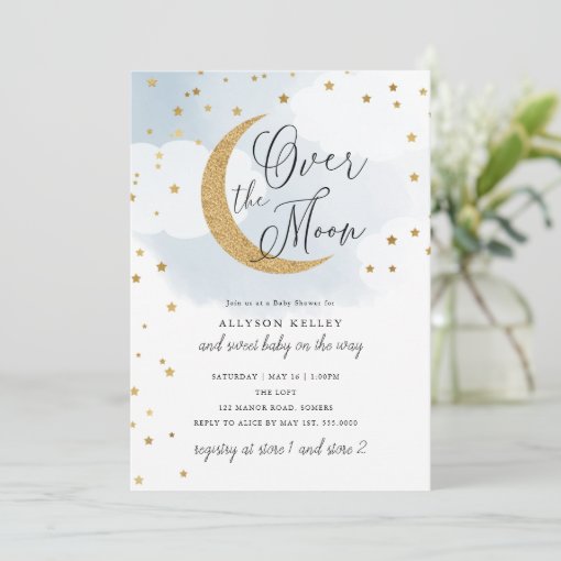 Over the Moon Gold Stars Blue Baby Shower Invitation | Zazzle