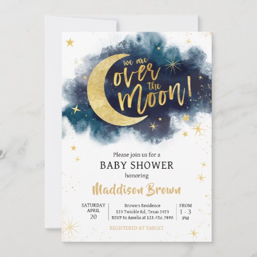 Over the Moon Gold Stars Blue Baby Shower Invitation | Zazzle