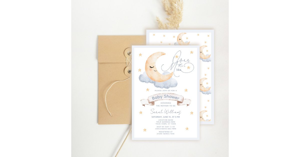 Over the Moon Gold Stars Blue Baby Shower Invitation | Zazzle