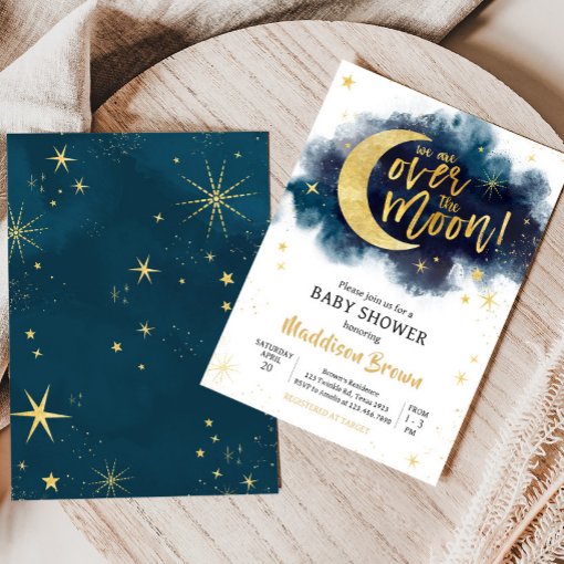 Over the Moon Gold Stars Blue Baby Shower Invitation | Zazzle