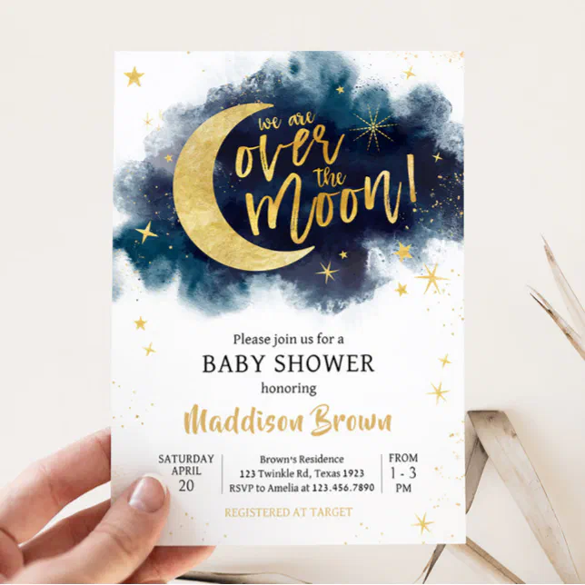 Over the Moon Gold Stars Blue Baby Shower Invitation | Zazzle