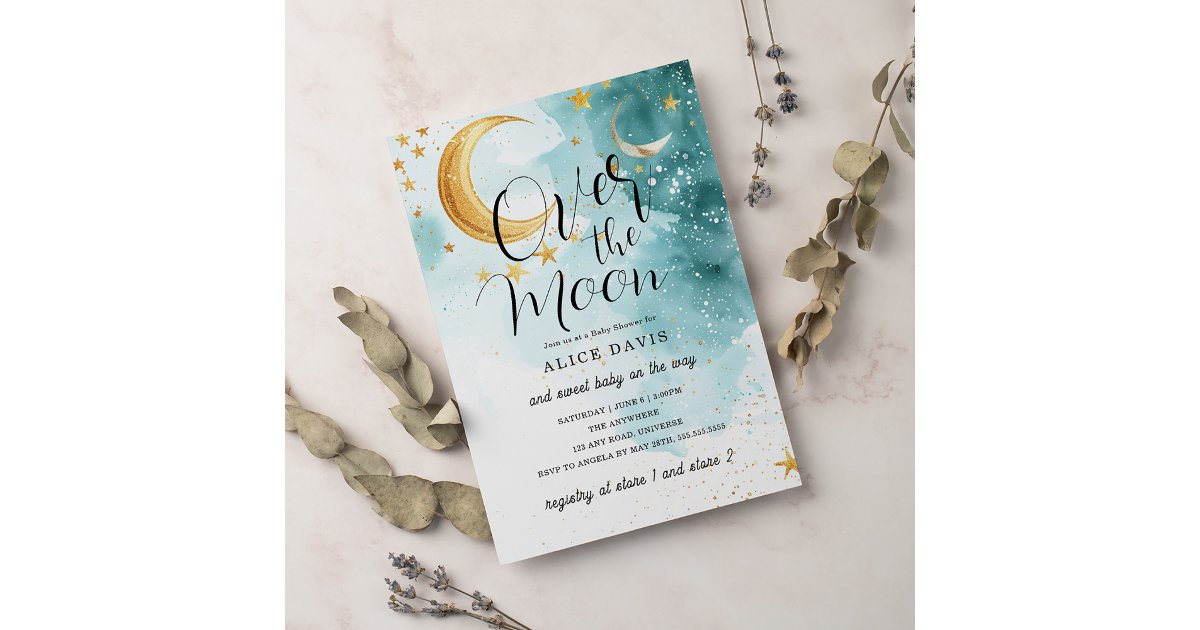 Over the Moon Gold Stars Blue Baby Shower Invitation | Zazzle