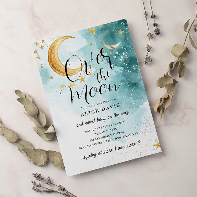 Over the Moon Gold Stars Blue Baby Shower Invitation | Zazzle