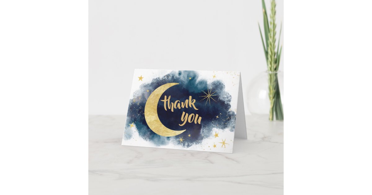 Over the Moon Gold Stars Blue Thank You Card | Zazzle