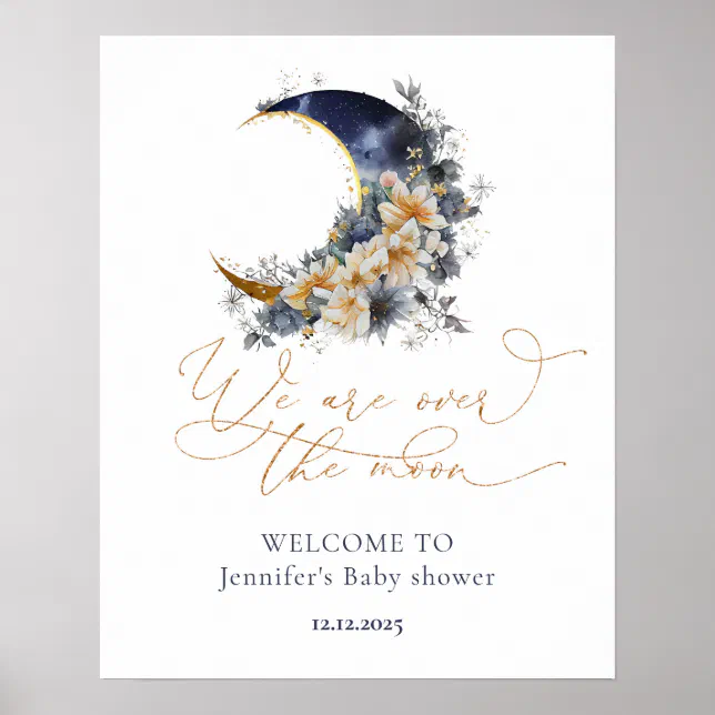 Over the moon navy baby shower welcome poster | Zazzle