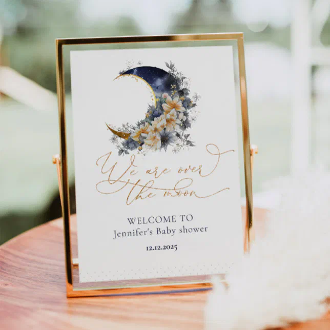 Over the moon navy baby shower welcome poster | Zazzle