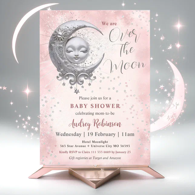Over The Moon Pink Girl Baby Shower Invitation | Zazzle