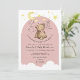 Over The Moon Pink Girl Teddy Bear Baby Shower Invitation | Zazzle
