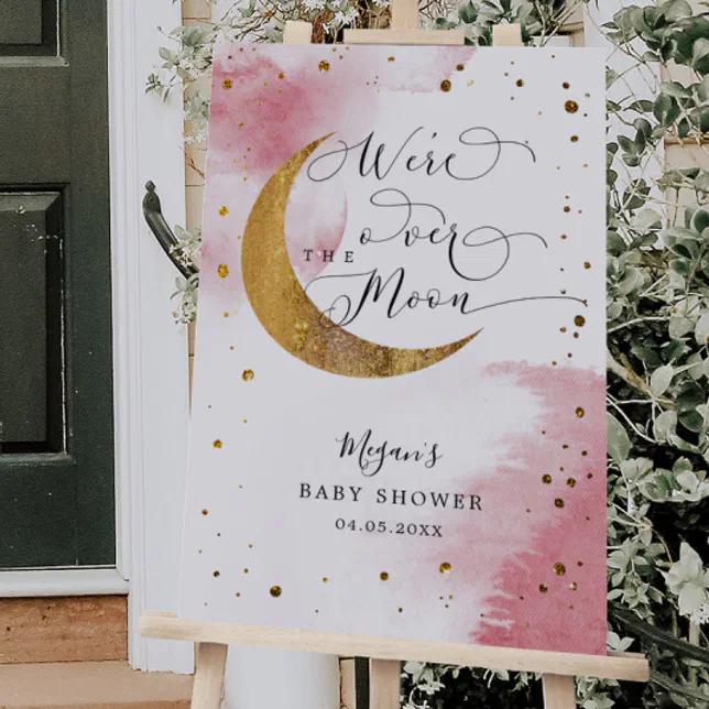 Over The Moon Pink Gold Baby Shower Welcome Sign | Zazzle