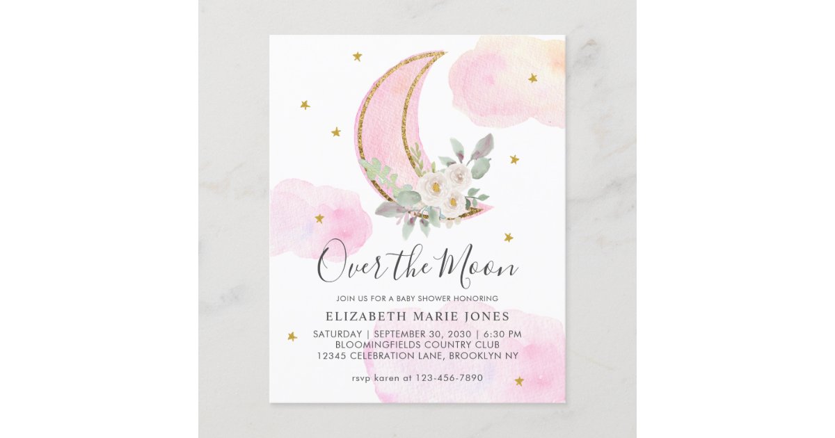 Over the Moon Pink Gold Floral Girl Baby Shower | Zazzle