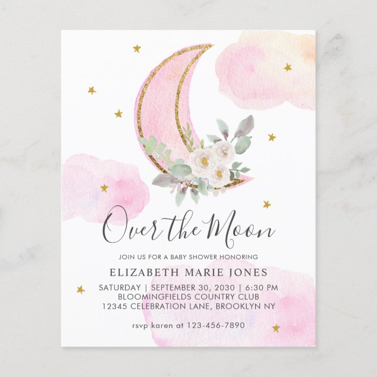 Over the Moon Pink Gold Floral Girl Baby Shower | Zazzle