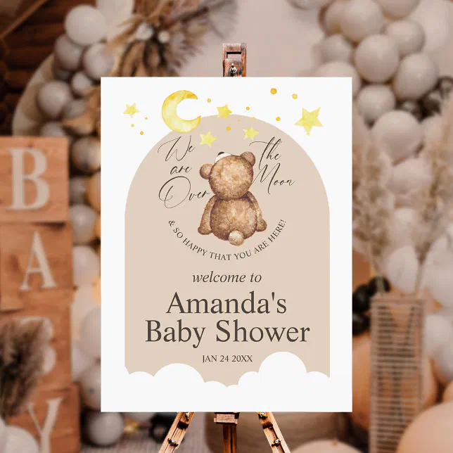 Over The Moon Teddy Bear Baby Shower Welcome Sign | Zazzle