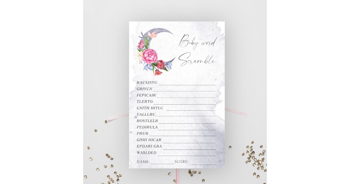 Over the Moon Word scramble baby shower game | Zazzle