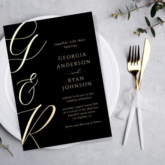 Oversized Script Monogram Dark Faded Photo Wedding Foil Invitation | Zazzle