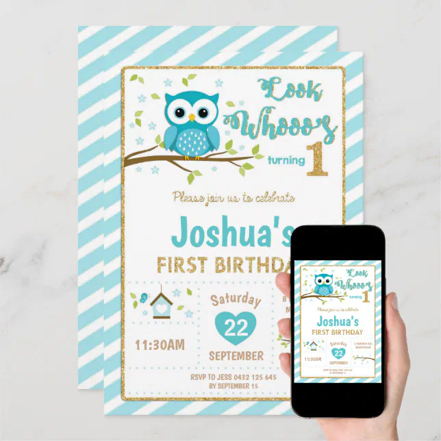 Owl 1st Birthday Invitation Boy Turquoise and Gold | Zazzle