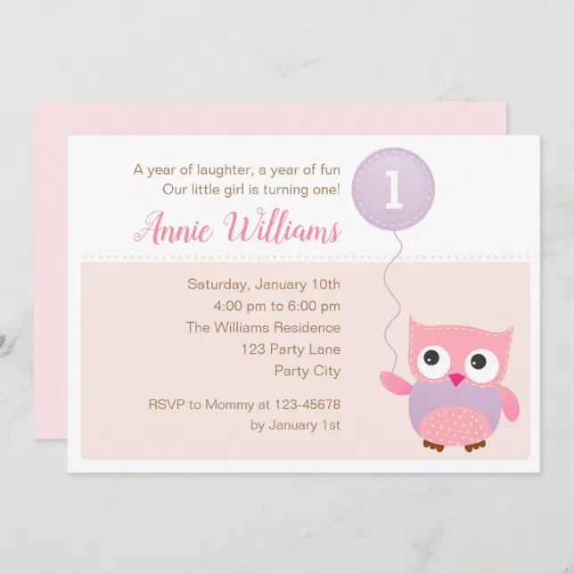 Owl 1st Birthday Invitations (Girls) with Balloon | Zazzle
