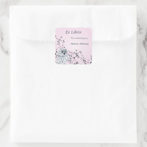 Owl And Cherry Blossoms Ex Libris Square Sticker | Zazzle