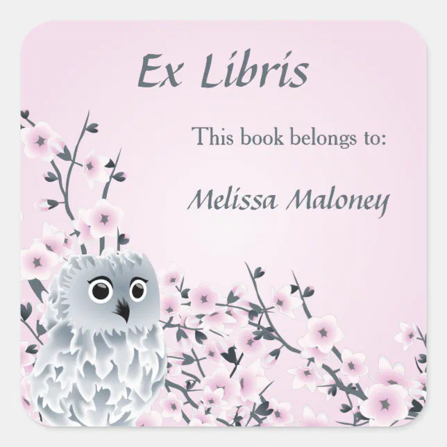 Owl And Cherry Blossoms Ex Libris Square Sticker | Zazzle