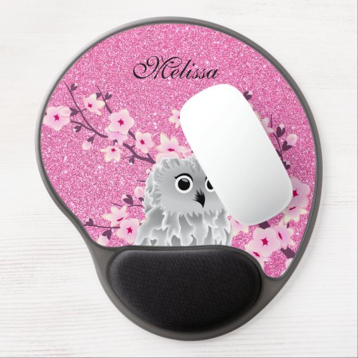 Owl And Cherry Blossoms Pink Glitter Personalize Gel Mouse Pad | Zazzle