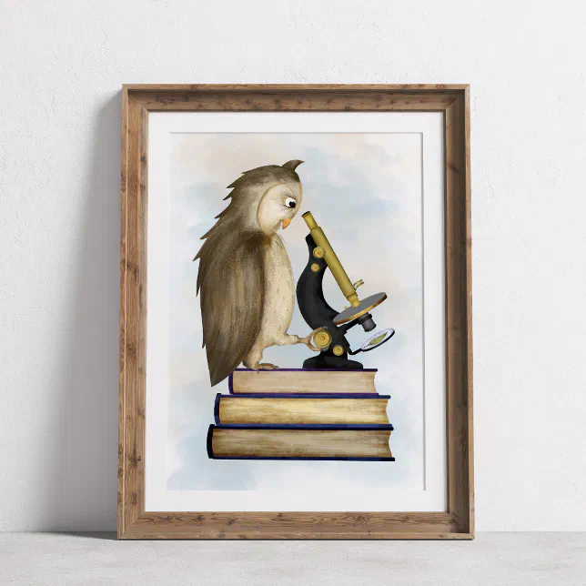 Owl and Microscope Library Wall Art Poster | Zazzle