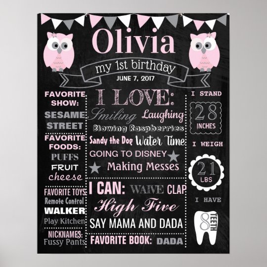 Owl Birthday Party chalkboard sign poster | Zazzle.com