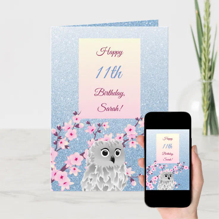 Owl Cherry Blossoms Happy Birthday Blue Glitter Card | Zazzle