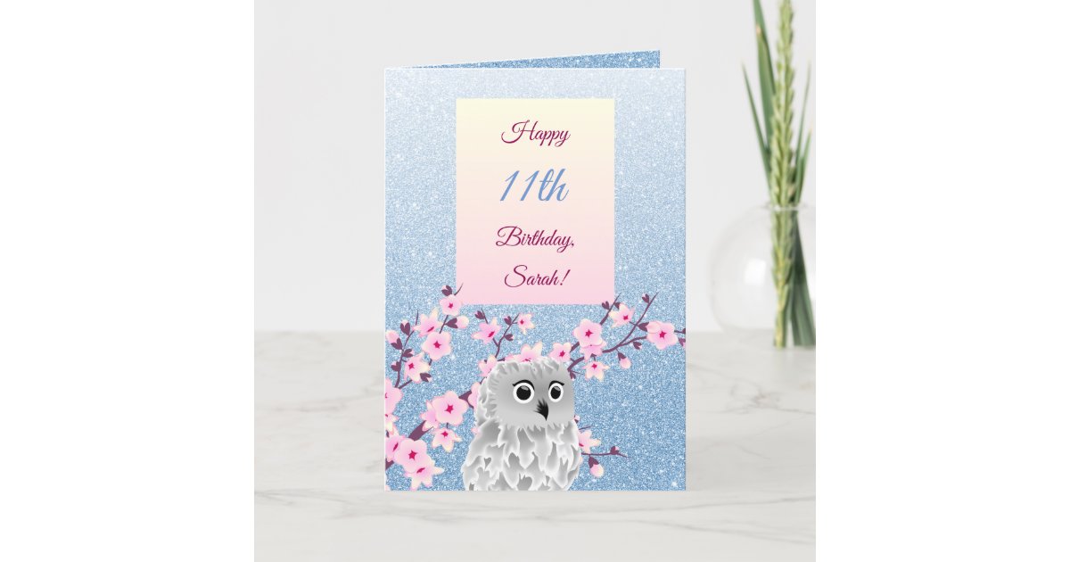 Owl Cherry Blossoms Happy Birthday Blue Glitter Card | Zazzle
