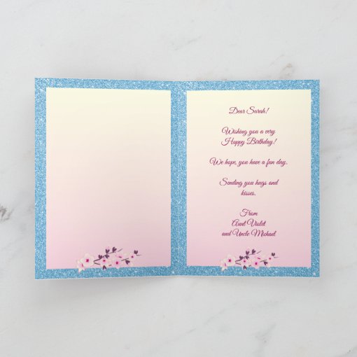 Owl Cherry Blossoms Happy Birthday Blue Glitter Card | Zazzle