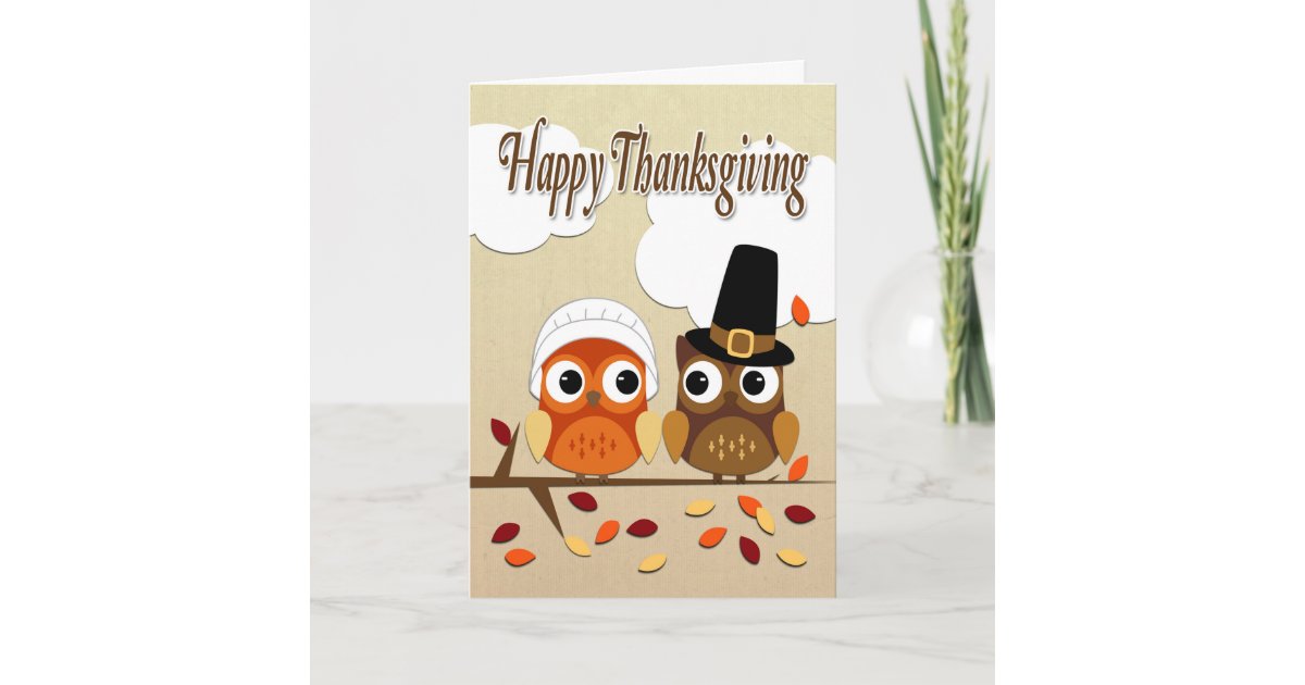 Owl Couple Dressed as Pilgrims for Thanksgiving Holiday Card | Zazzle