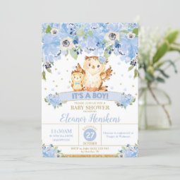 Owl Floral Baby Shower Blue Flowers Baby Boy Invitation | Zazzle