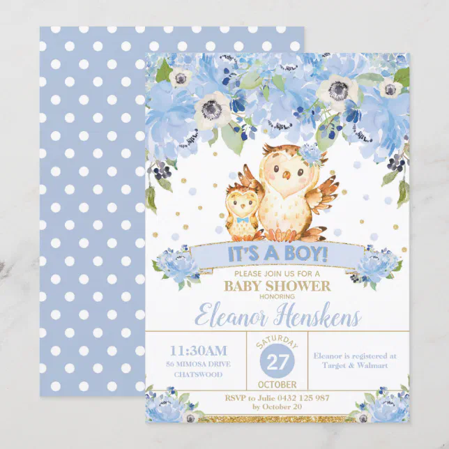 Owl Floral Baby Shower Blue Flowers Baby Boy Invitation | Zazzle