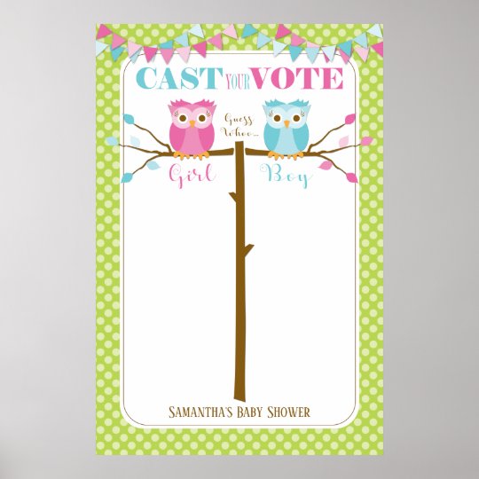 Owl Gender Reveal Baby Shower Voting Game Poster | Zazzle.com