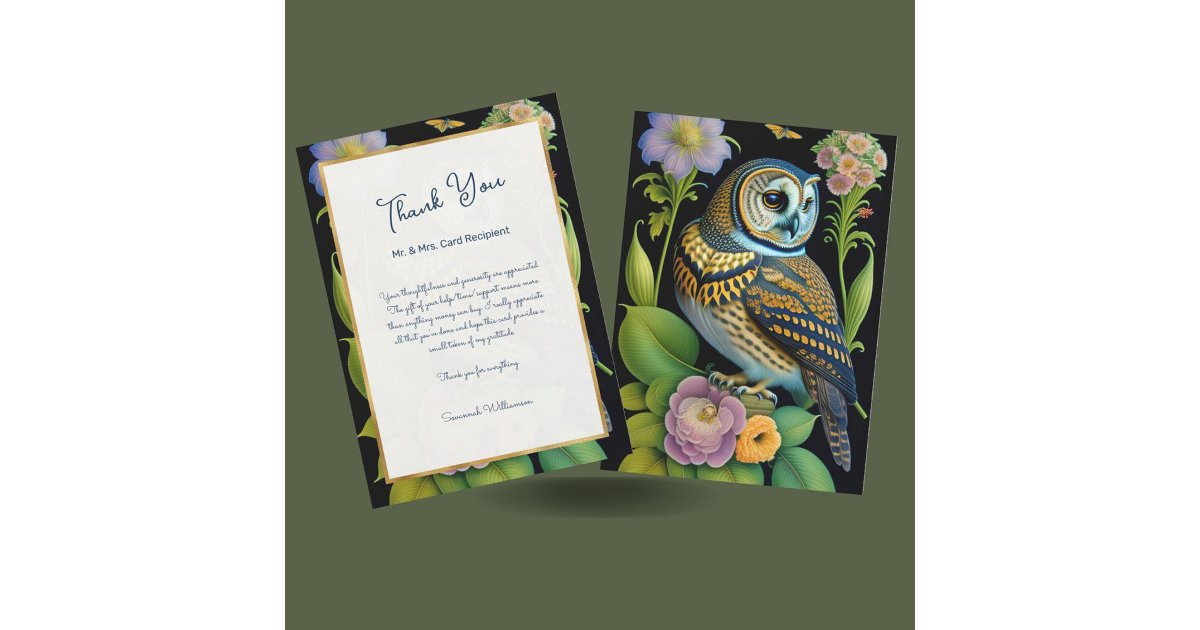 Owl Green Floral Illustration Personalized Thank You Card | Zazzle