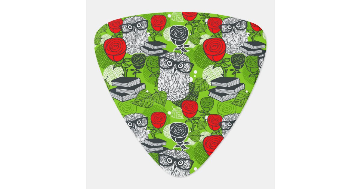 Owl in red roses guitar pick | Zazzle