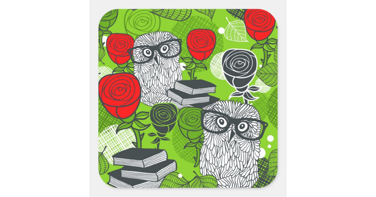 Owl in red roses square sticker | Zazzle
