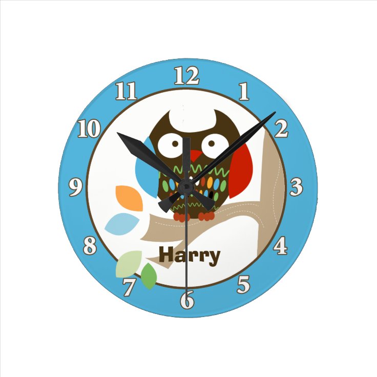 Owl in Tree Tops Personalized Wall Clock - Blue | Zazzle