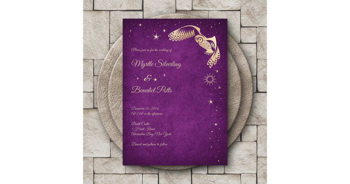 Owl Stars Wizard Purple Magic Wedding Invitation | Zazzle