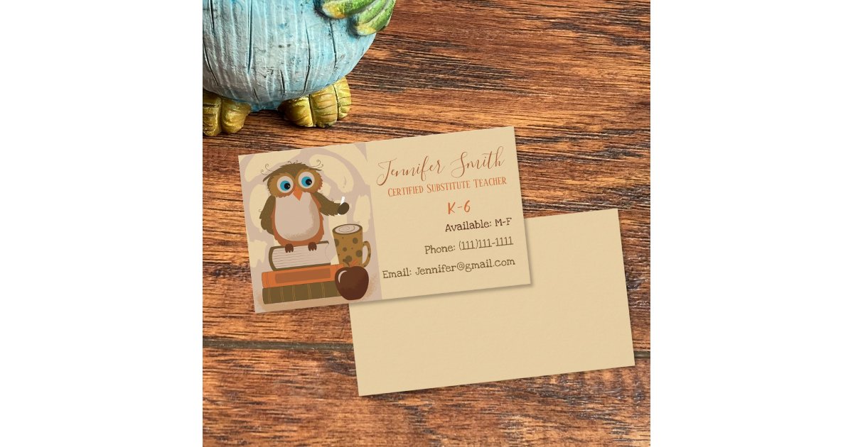 Owl Substitute Teacher Standard Business Cards | Zazzle
