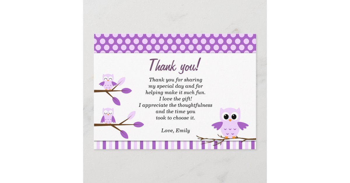 Owl Thank You Card Note Purple | Zazzle.com