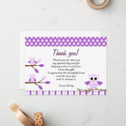 Owl Thank You Card Note Purple | Zazzle