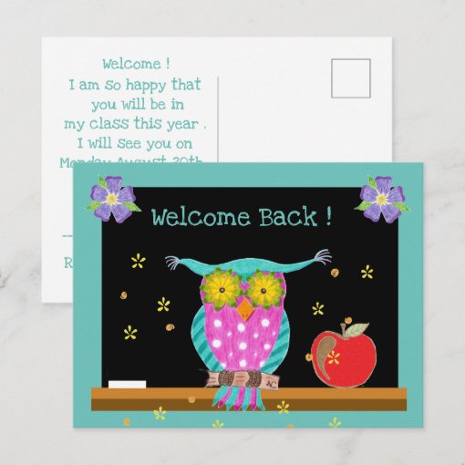 Owl with chalkboard and apple back-to-school postcard | Zazzle