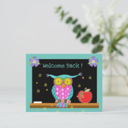 Owl with chalkboard and apple back-to-school postcard | Zazzle