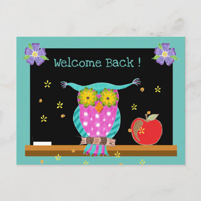 Owl with chalkboard and apple back-to-school postcard | Zazzle