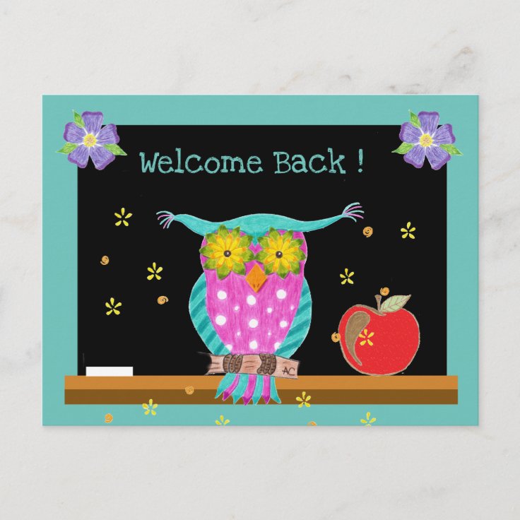 Owl with chalkboard and apple back-to-school postcard | Zazzle