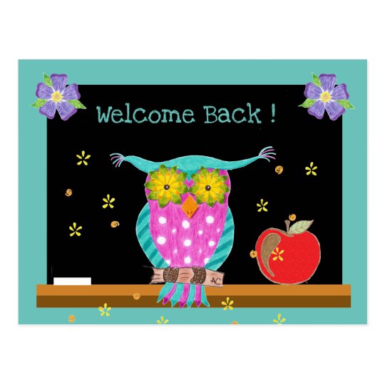Owl with chalkboard and apple back-to-school postcard | Zazzle.com