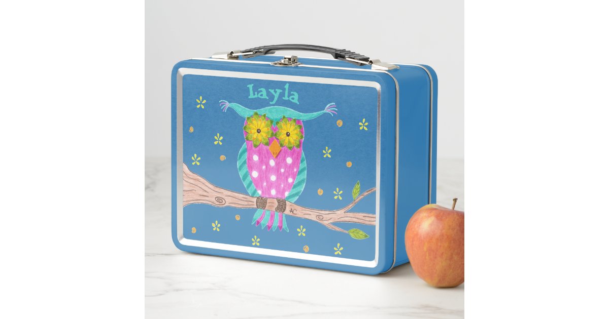 Owl with flowery eyes kid metal lunch box | Zazzle.com