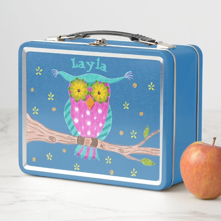 Owl with flowery eyes kid metal lunch box | Zazzle
