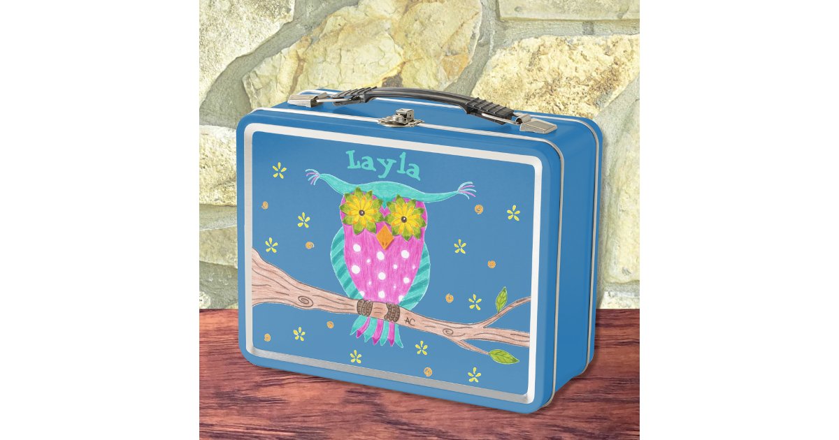 Owl with flowery eyes kid metal lunch box | Zazzle